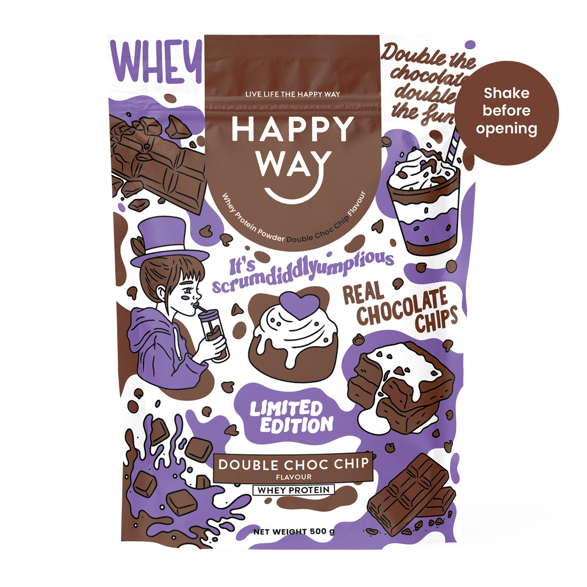 Double Choc Chip Whey Protein Powder 500g | Happy way
