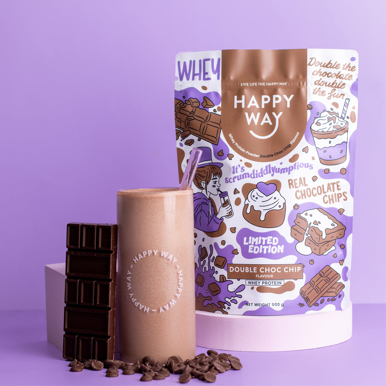 Double Choc Chip Whey Protein Powder 500g | Happy way