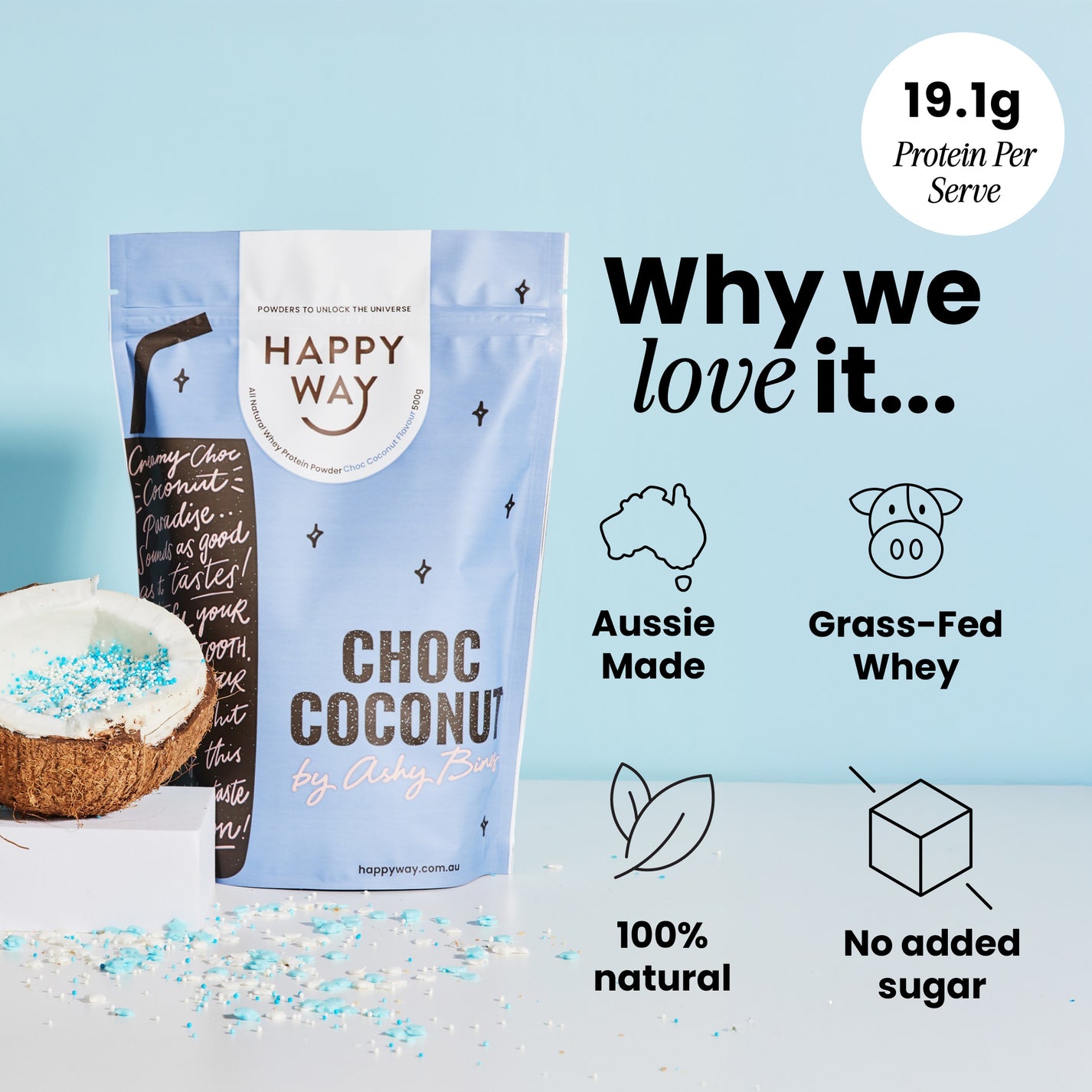 Ashy Bines Choc Coconut Whey Protein Powder 500g | Happy Way